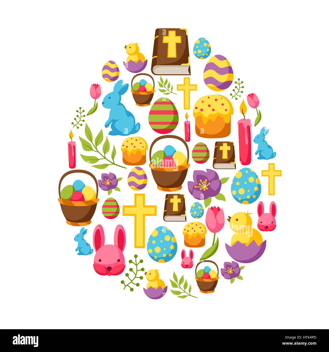Happy Easter greeting card with decorative objects, eggs and bunnies ...