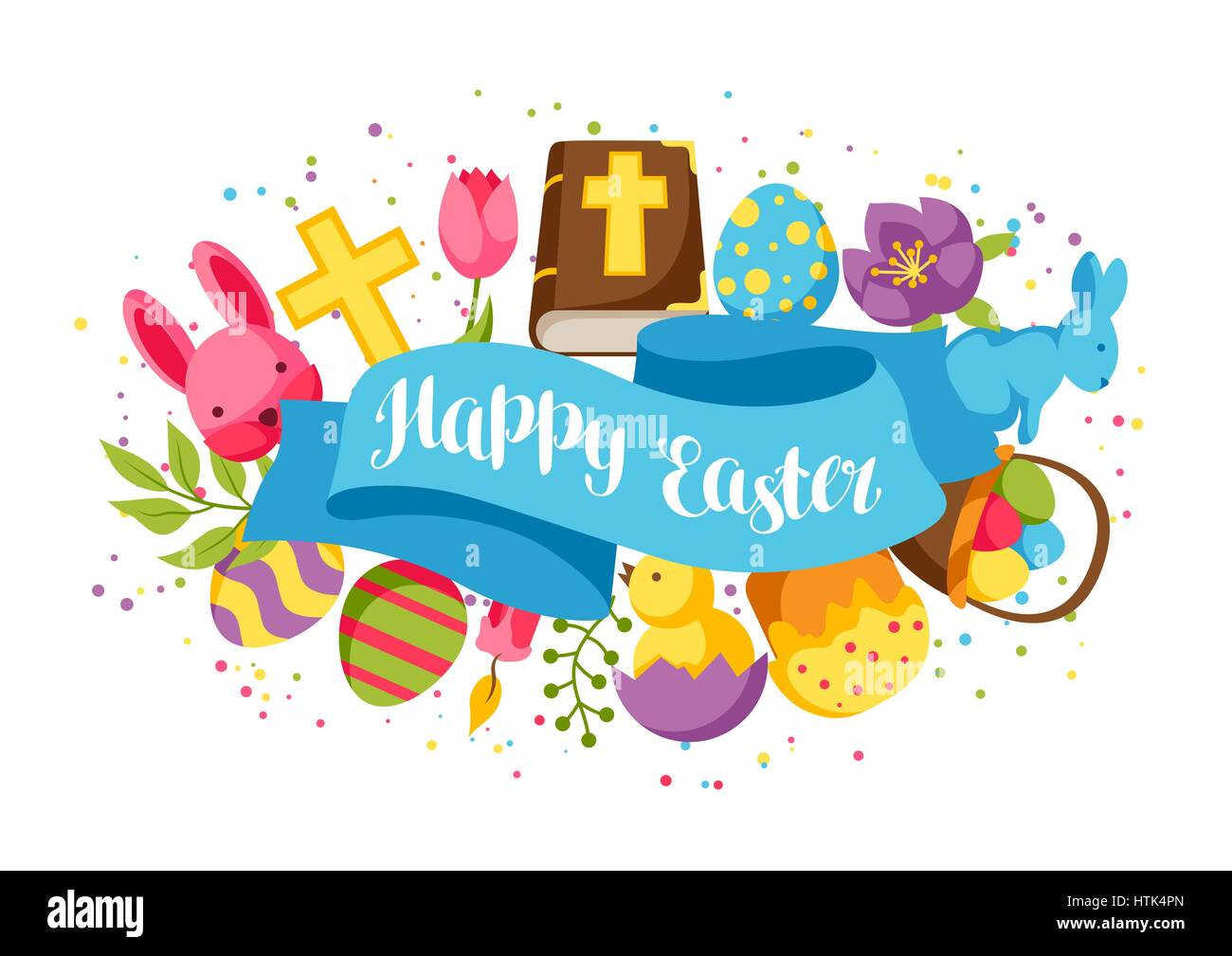 Happy Easter greeting card with decorative objects, eggs and bunnies ...