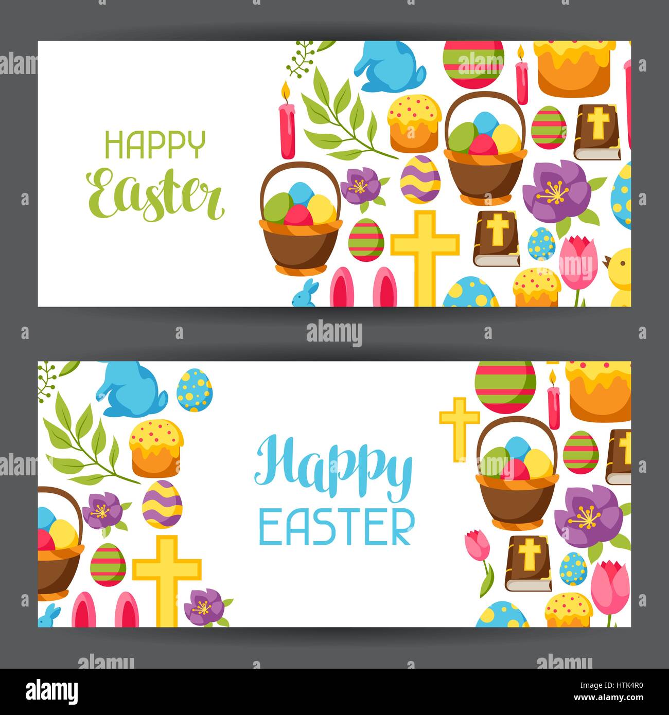 Happy Easter banners with decorative objects, eggs and bunnies Stock ...