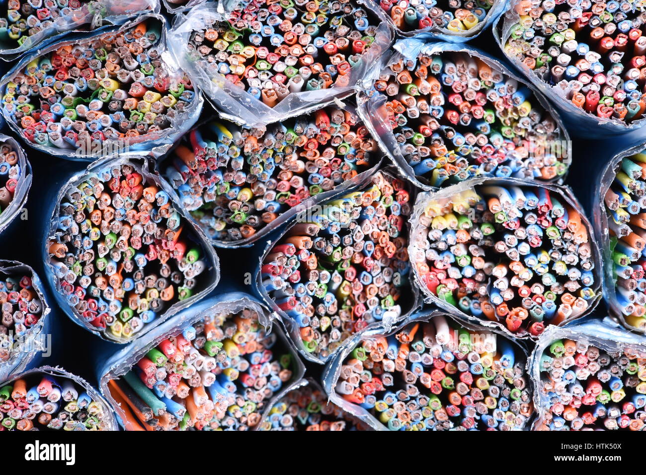 Colored copper telecommunication cables closeup Stock Photo - Alamy