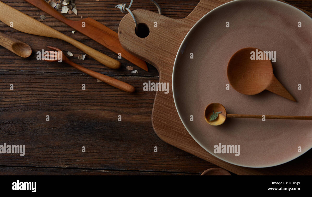 cooking background with old cutting board and kitchen devices, top view ...
