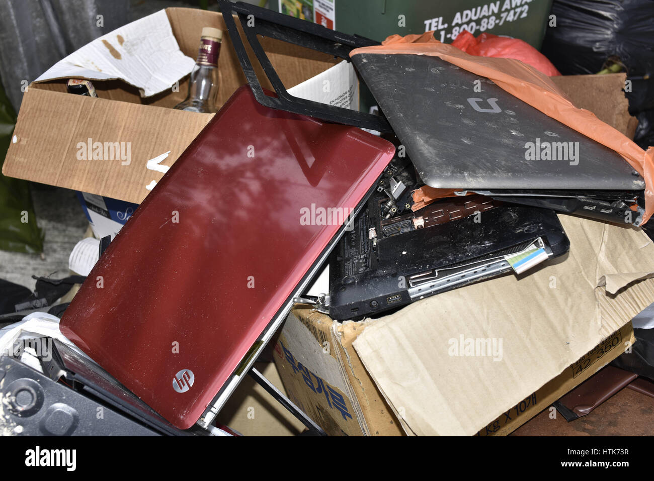 Kuala Lumpur, MALAYSIA. 12th Mar, 2017. Two damaged laptops and one ...
