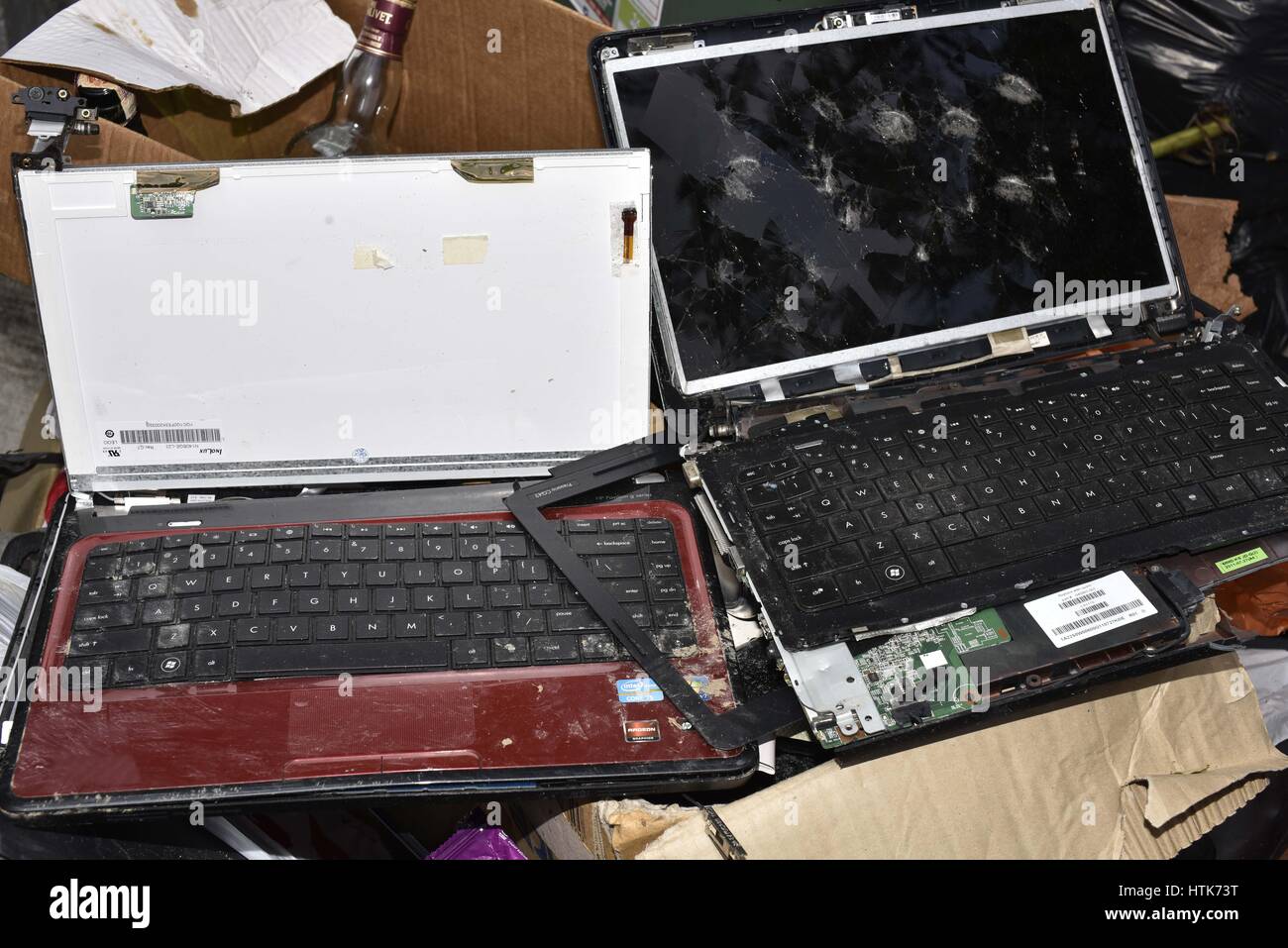 Kuala Lumpur, MALAYSIA. 12th Mar, 2017. Two damaged laptops and one ...