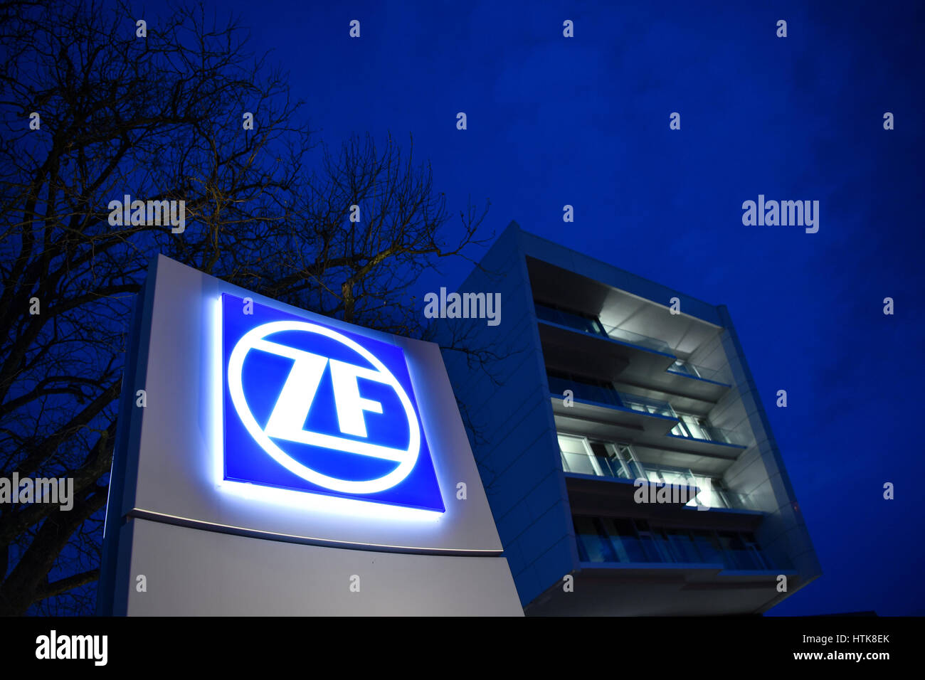The logo of the German car parts manufacturer ZF Group outside the ...