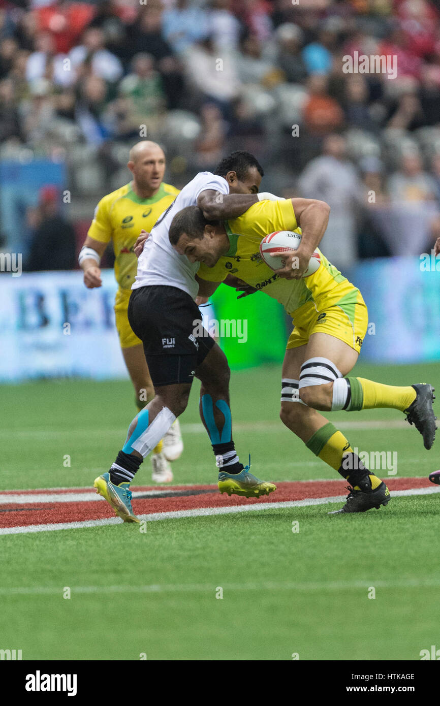 Vancouver, Canada. 12th Mar, 2017. Jerry Tuwai (9) of Fiji stopping ...
