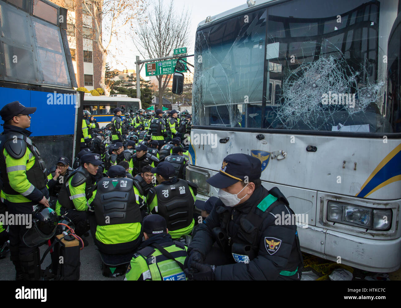 South Korea Politics, Mar 10, 2017 : Policemen take a rest next to a ...