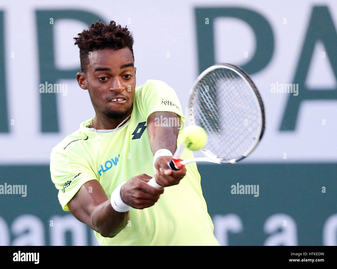 March 11, 2017 Darian King of Barbados in action against Gael Monfils ...