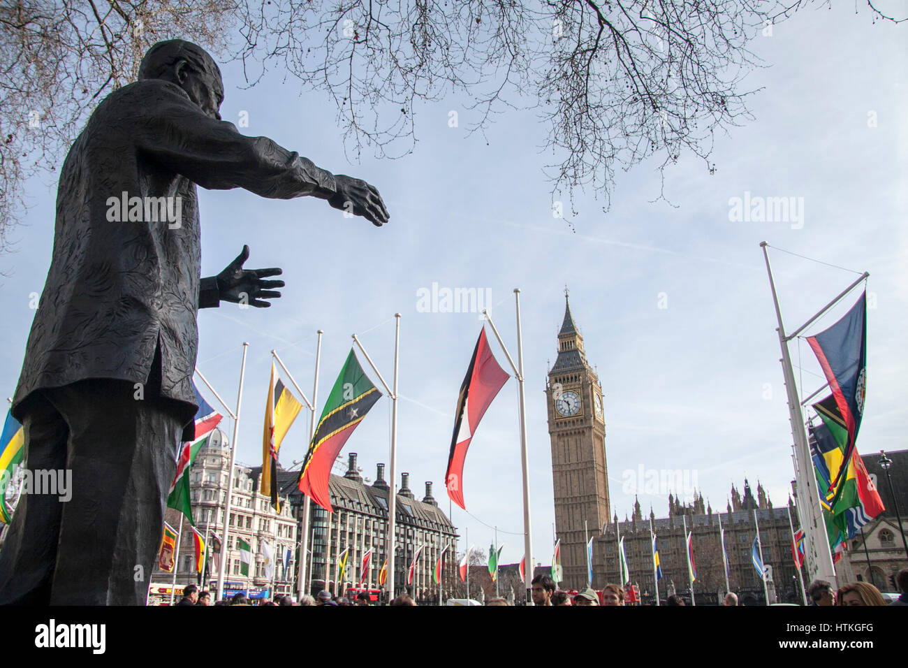 London, UK. 13th Mar, 2017. The statue of Nelson Mandela towers over ...