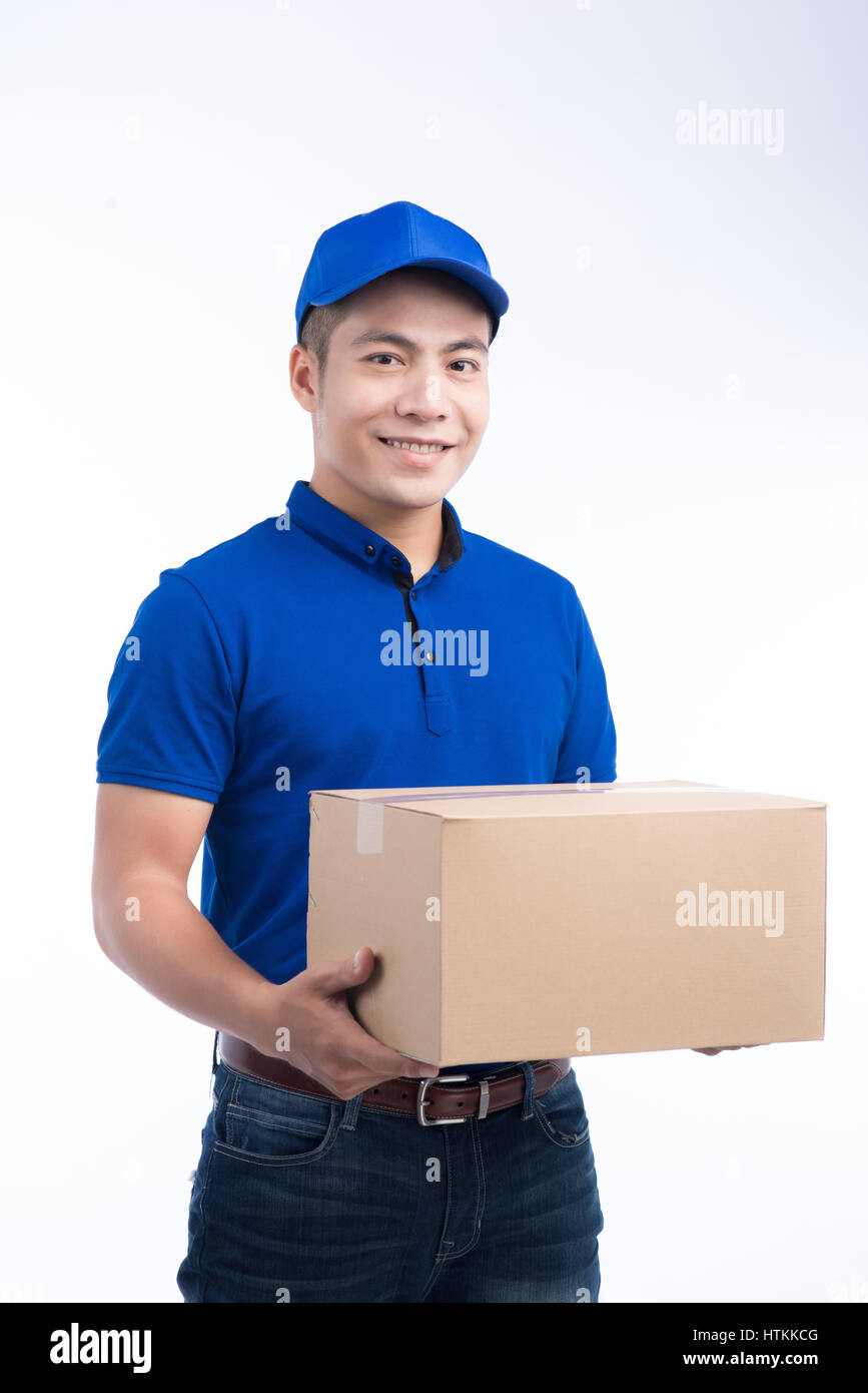 Delivery Person. Asian postman with parcel box. Postal delivery service ...