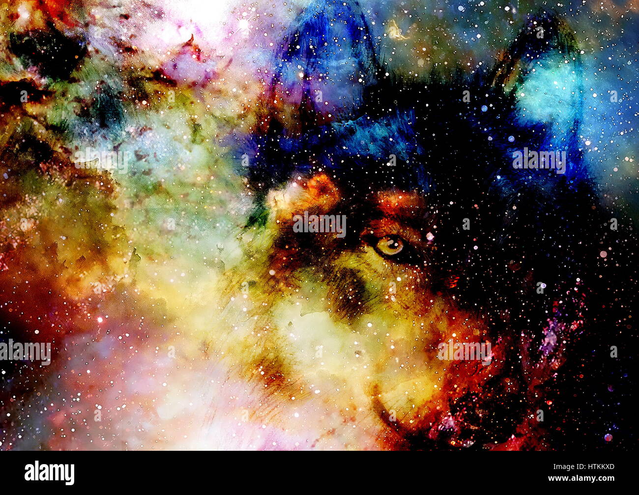 magical space wolf, multicolor computer graphic collage Stock Photo - Alamy