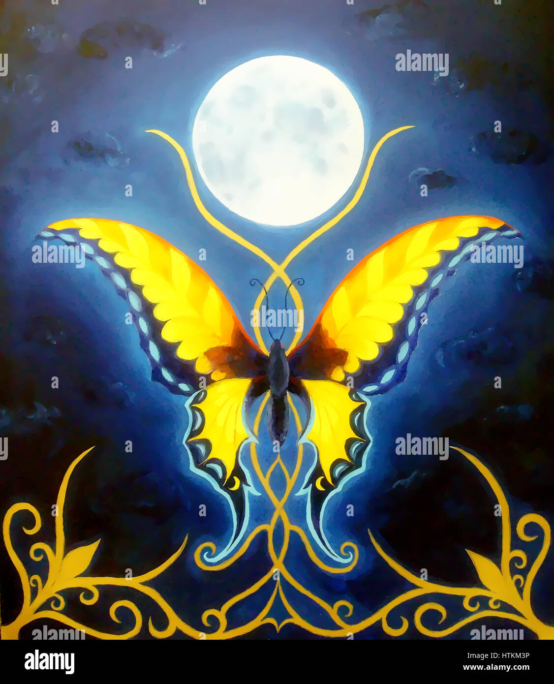 Color Butterfly with ornament and night sky with moon in background ...