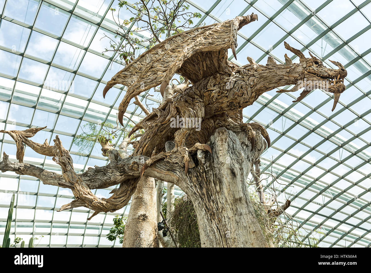 Fabled wooden dragon sculpture which sits on the tree on the background ...
