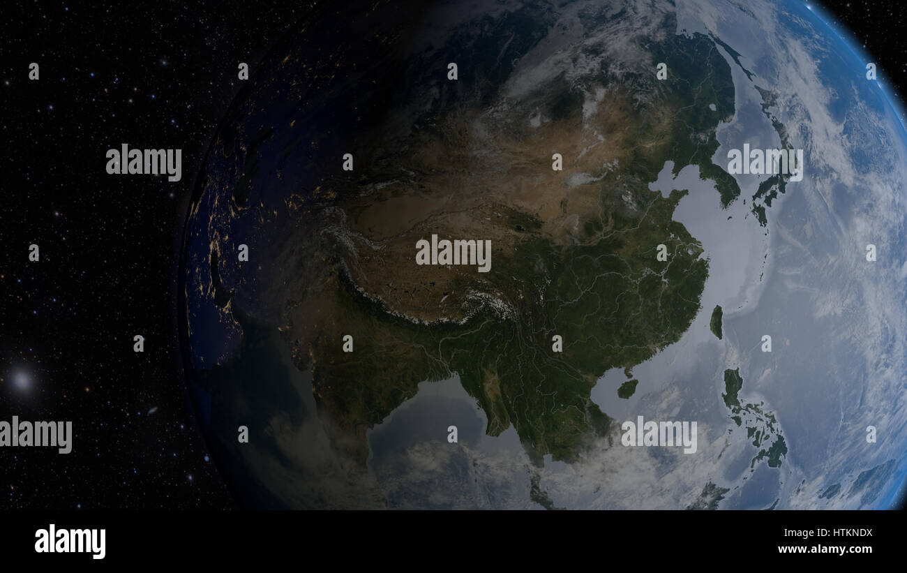 Asian part of the world. 3D earth render with city lights. Night areas ...