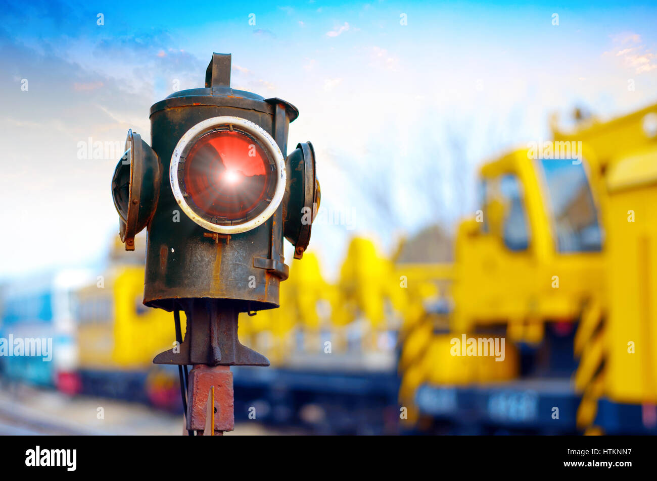 Traffic light shows red signal on railway. Red light Stock Photo - Alamy