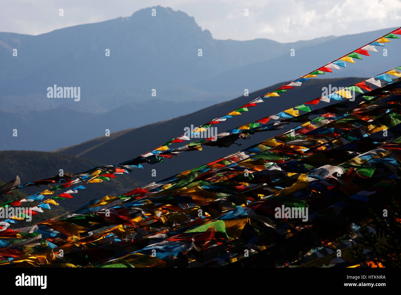 Traditional buddist prayer flags fly on a hilltop above the Ganden ...