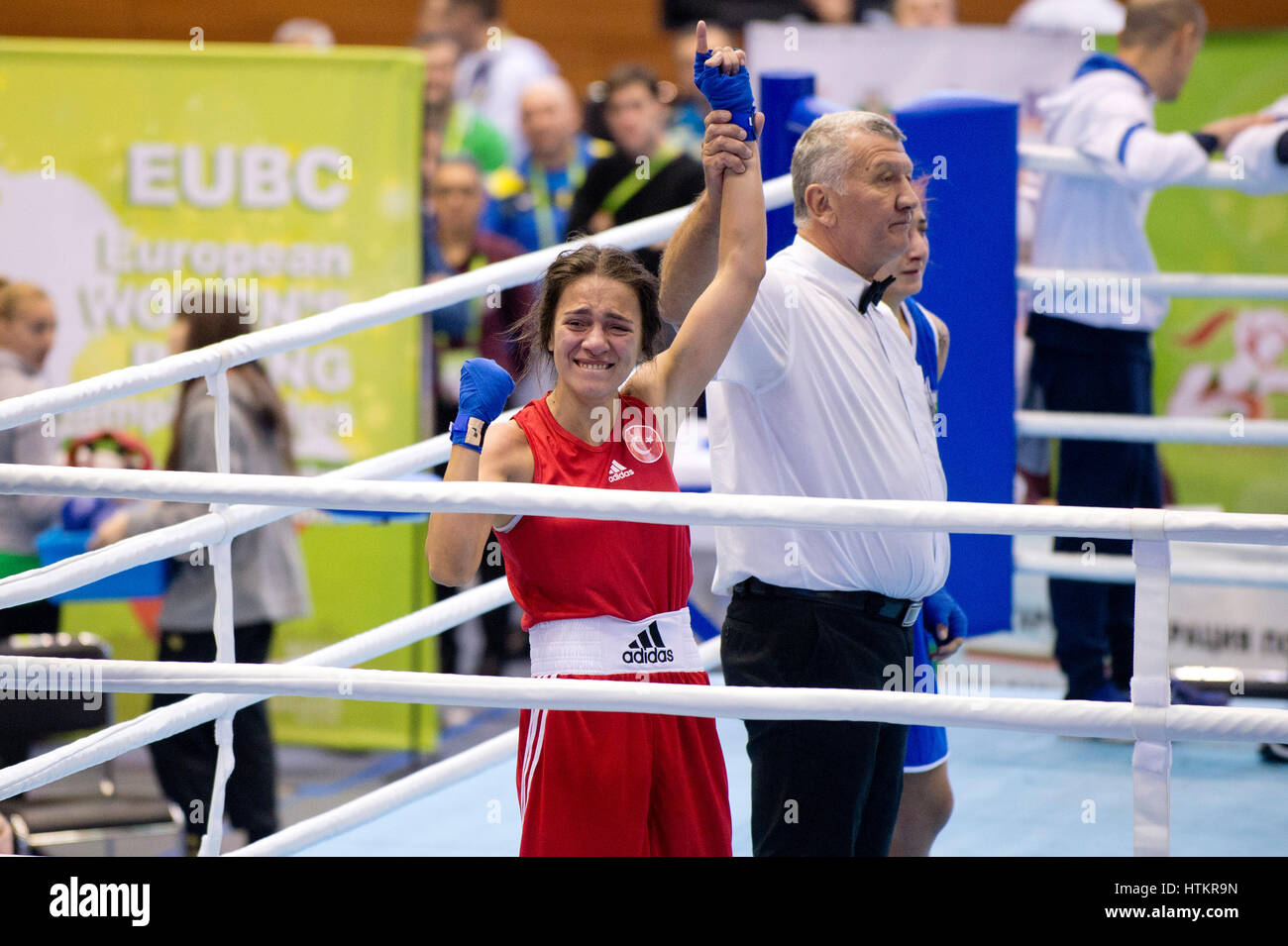 November 17, 2016: Turkey's Neirman Istik (RED) during the EUBC European Women’s Boxing ...