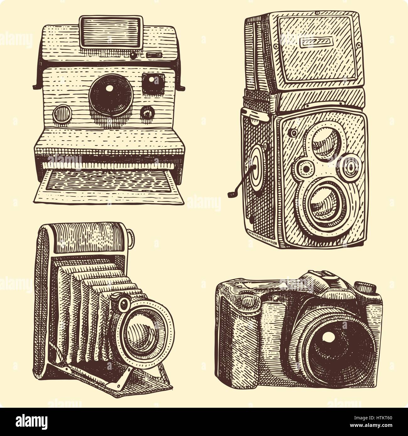 set of instant, vintage and modern Photo camera , engraved hand drawn ...