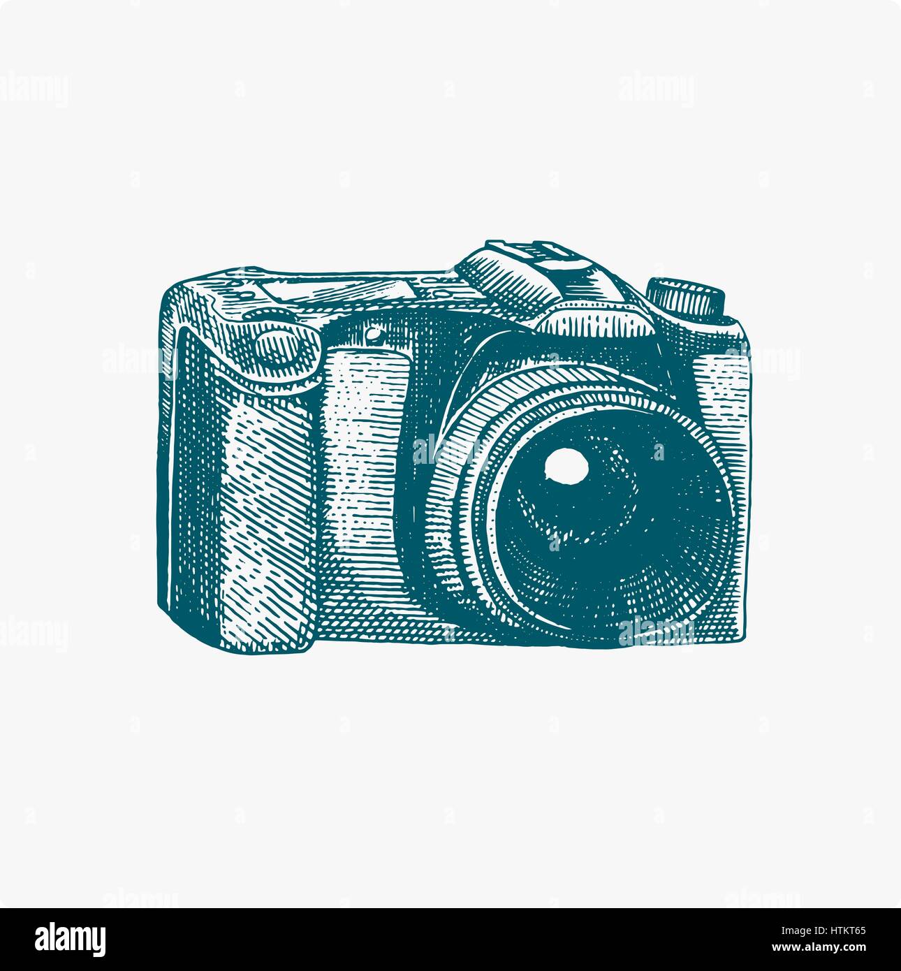 Photo camera vintage, engraved hand drawn in sketch or wood cut style ...