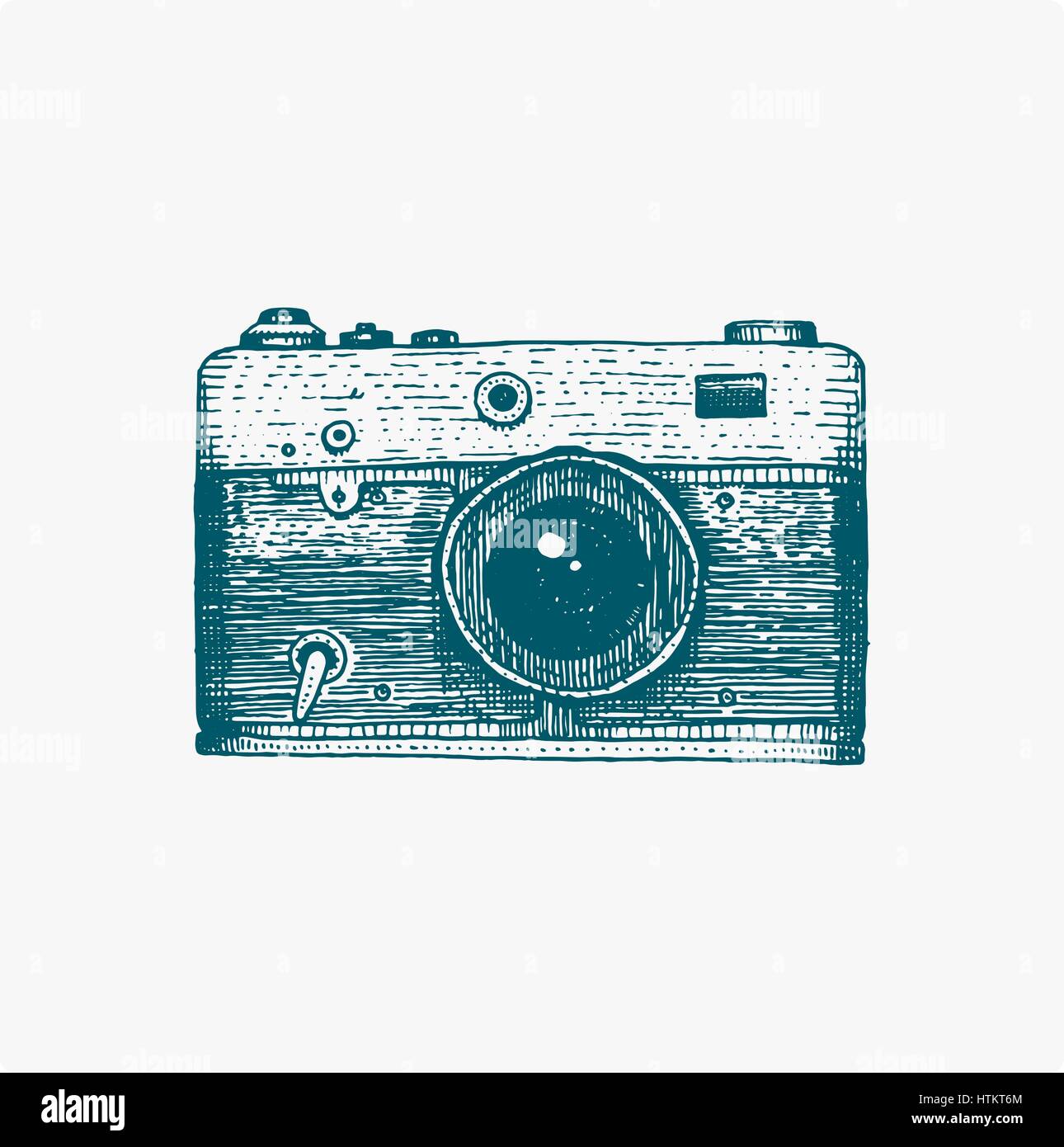 Photo camera vintage, engraved hand drawn in sketch or wood cut style ...