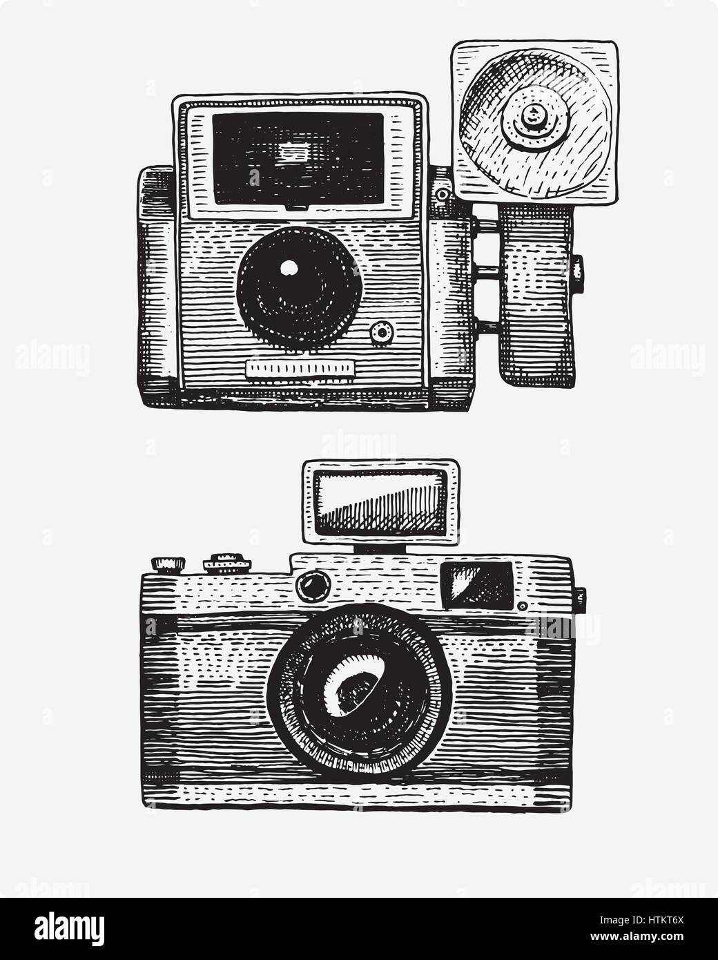 Photo camera vintage, engraved hand drawn in sketch or wood cut style ...