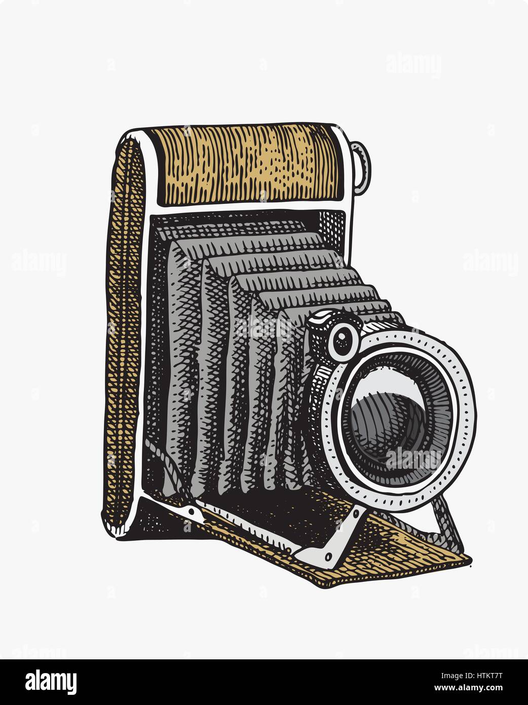 Photo camera vintage, engraved hand drawn in sketch or wood cut style ...