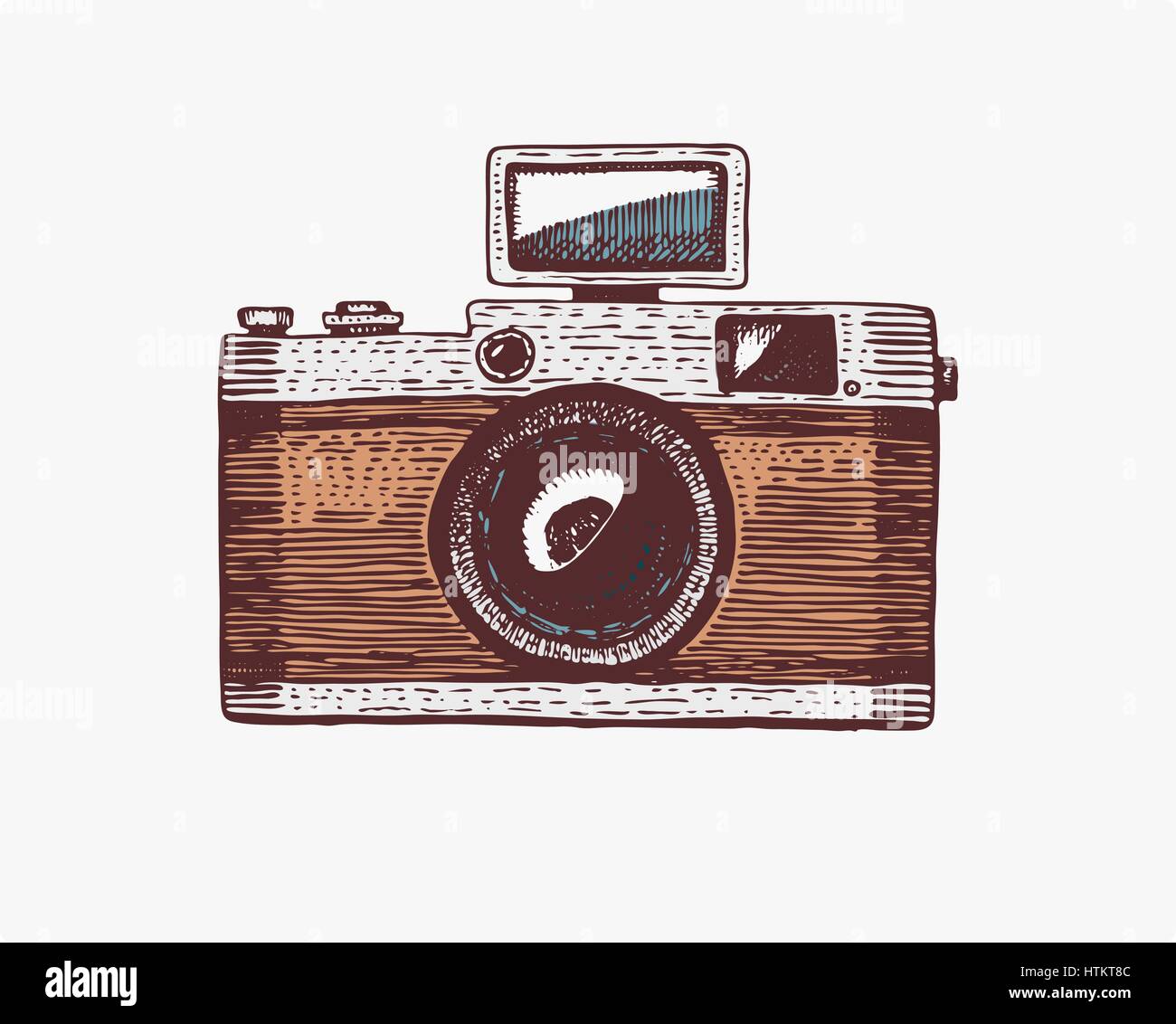 Photo camera vintage, engraved hand drawn in sketch or wood cut style ...