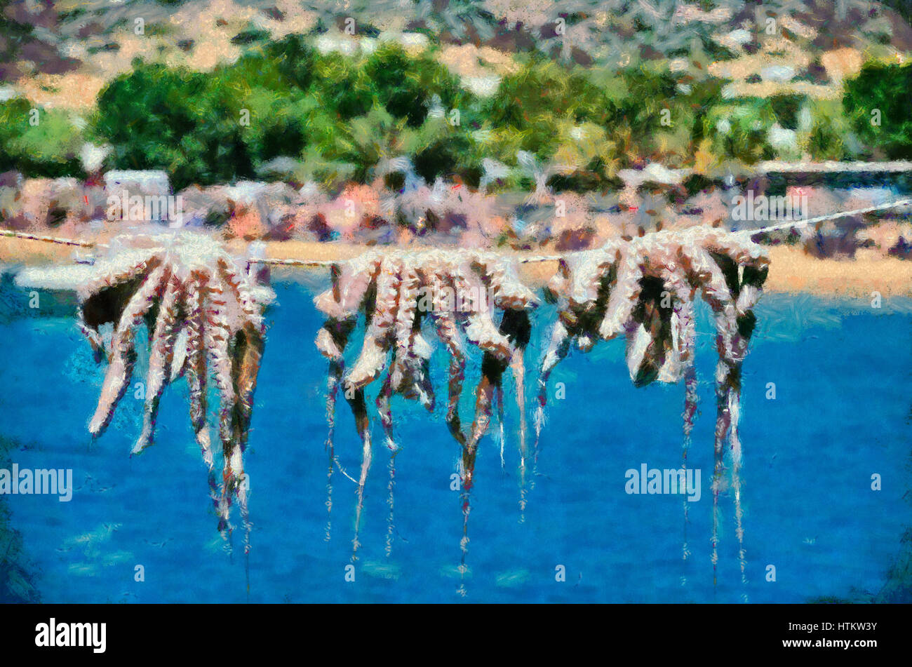 Octopus hanging on line in Mylopotas beach, Ios island, Greece Stock ...