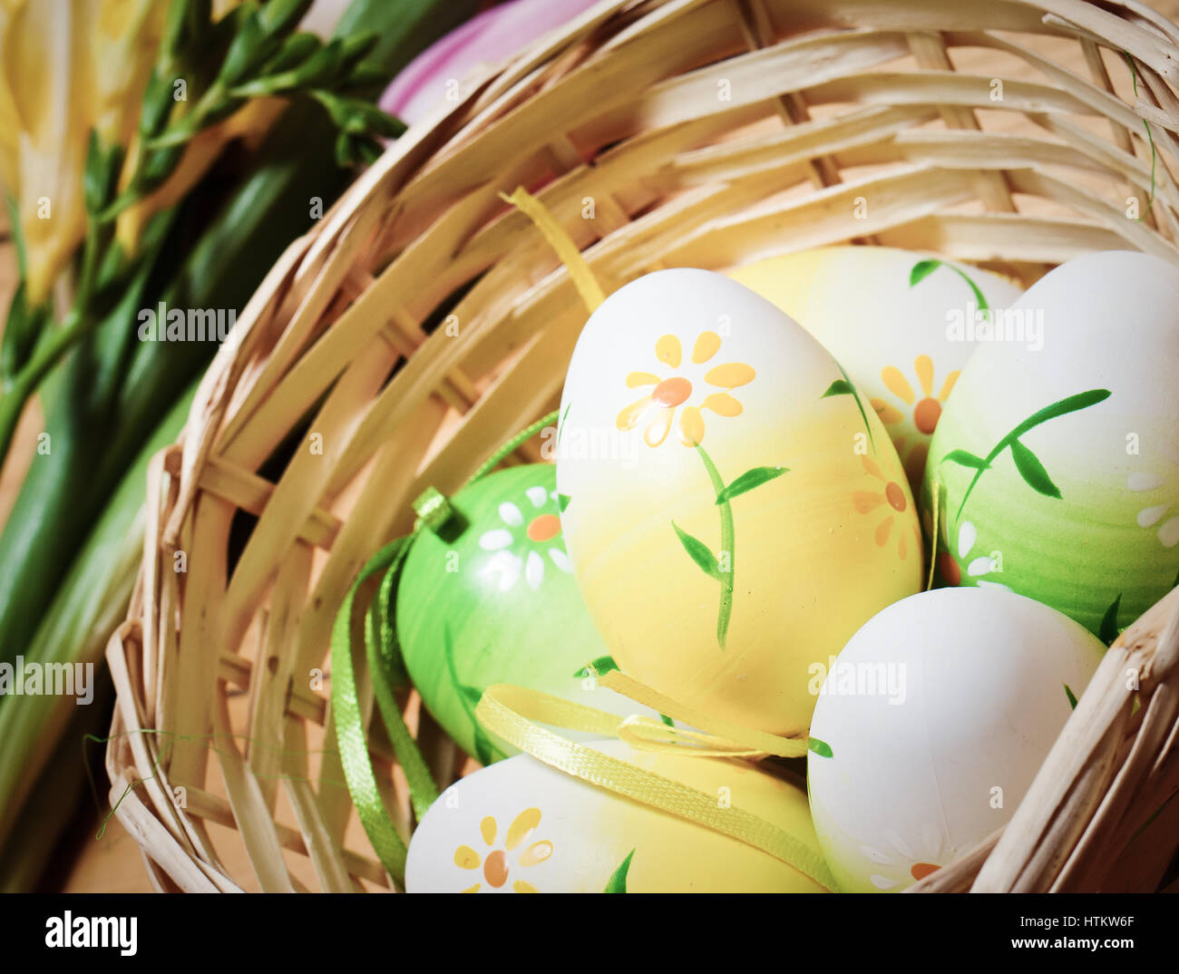 easter background with eggs, spring flowers and decoration Stock Photo ...