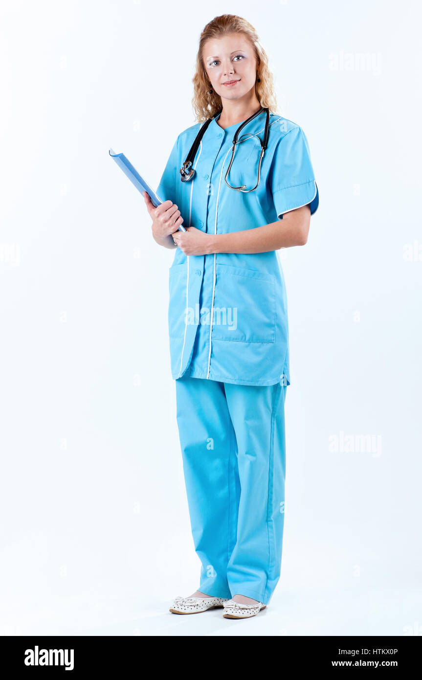 Full body portrait of a beautiful young doctor with file folder and ...