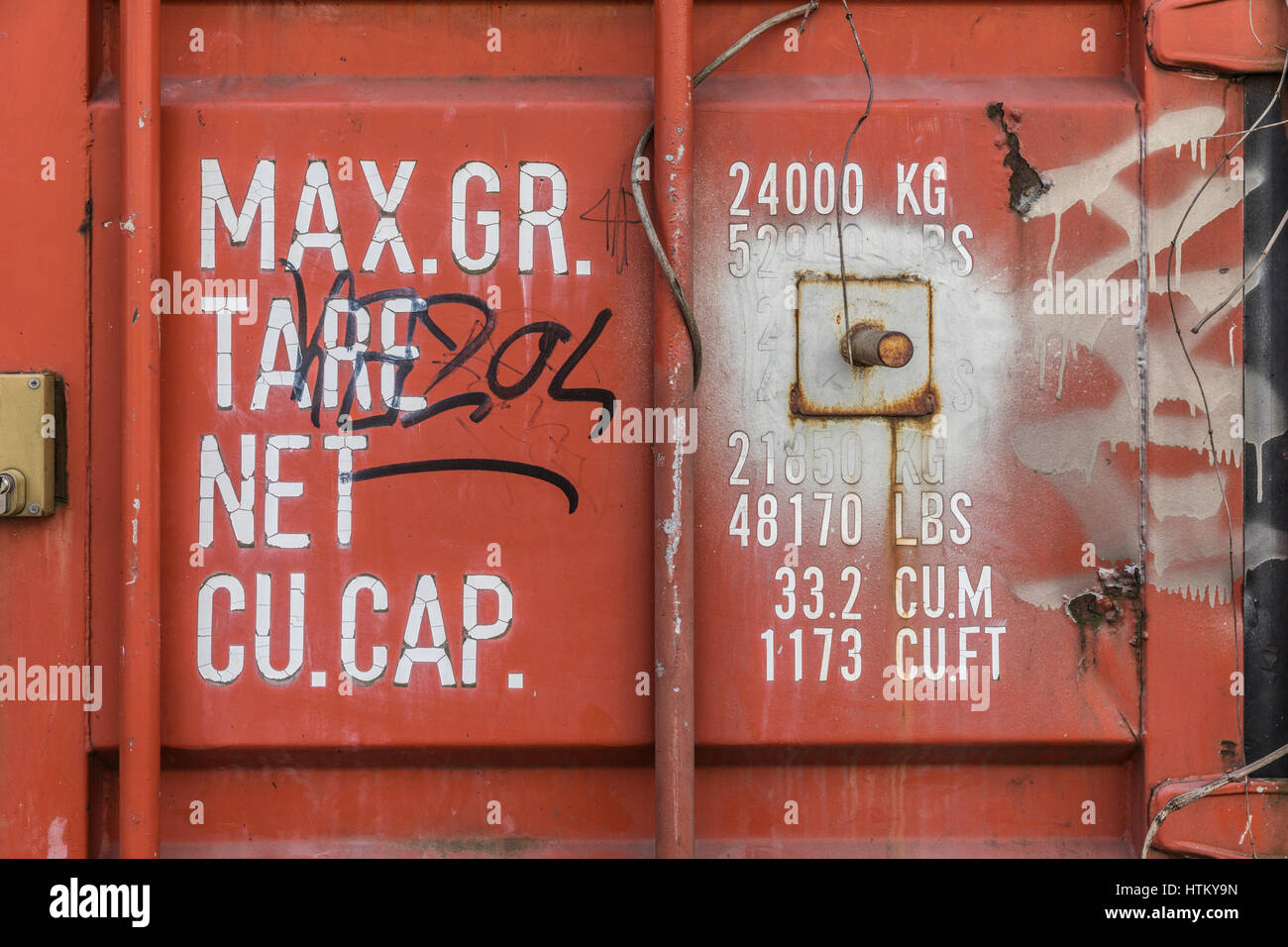 Red container weights and dimensions indications with graffitis Stock ...