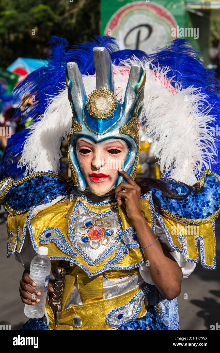 Marchers in elaborate costumes and masks march in the La Vega Carnival ...