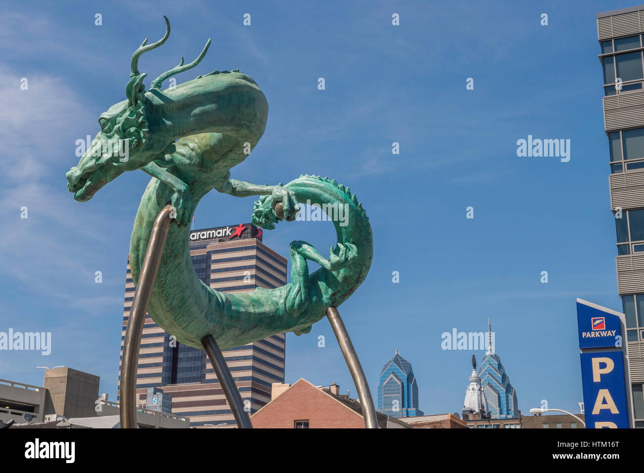 Bronze dragon, street art, sculpture, Chinatown, downtown Philadelphia ...