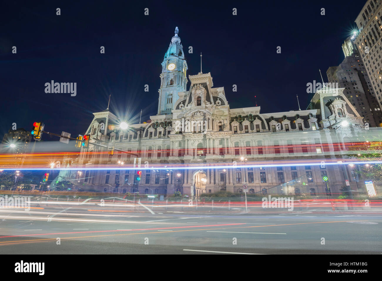 Philadelphia City Hall, at night with motion blur traffic, 1 Penn ...