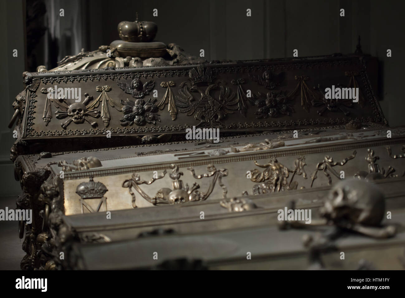 Sarcophagi in the Kaisergruft (Imperial Crypt) in Vienna, Austria. The ...