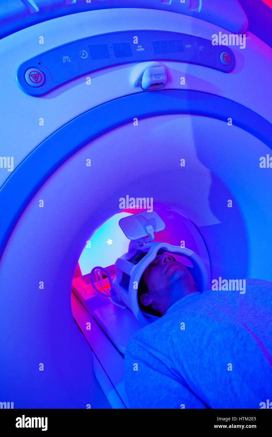 Patient undergoing MRI scan at Cardiff University School of Psychology ...