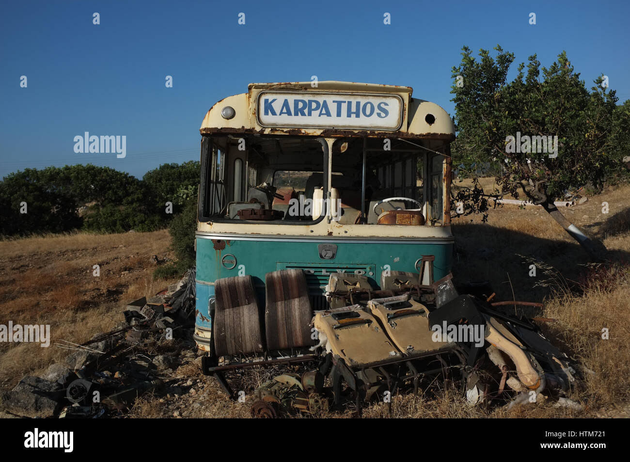 An old broken bus in Karpathos, Greece Stock Photo - Alamy