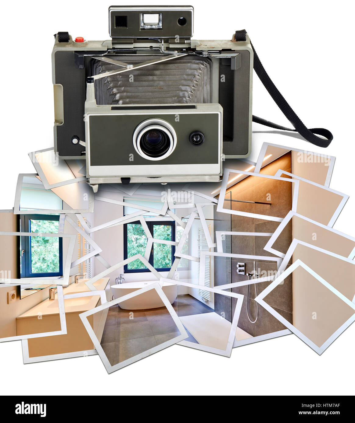 Vintage instant camera with some frame and picture of tiled bathroom ...