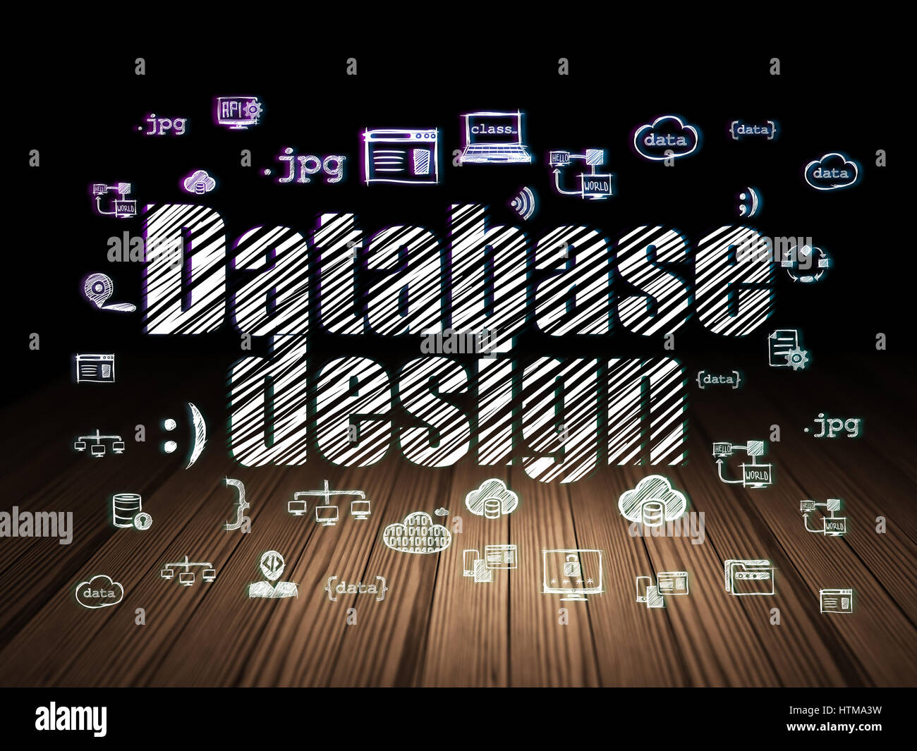 Database concept: Database Design in grunge dark room Stock Photo - Alamy