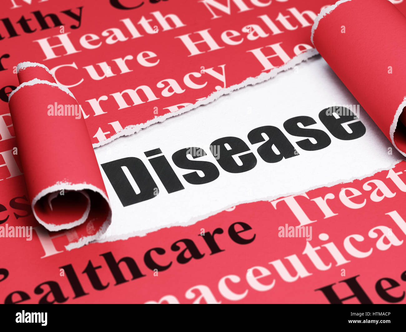 Medicine concept: black text Disease under the piece of torn paper ...