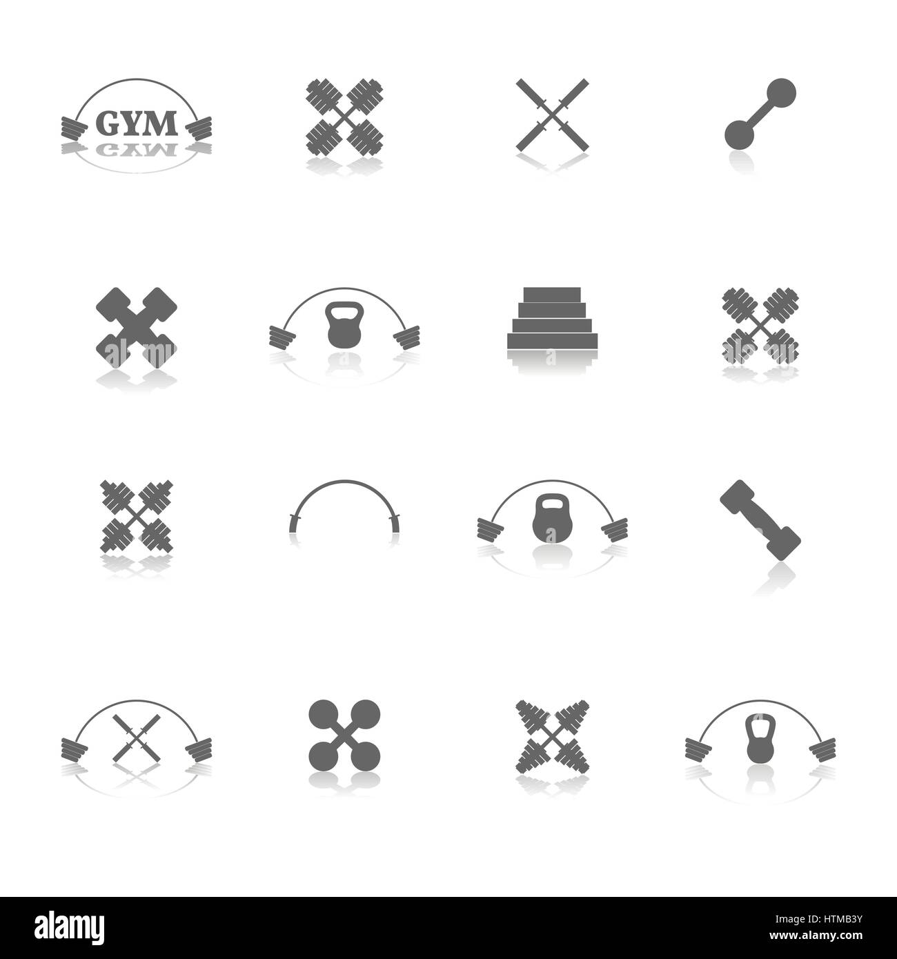 Icons sports equipment for the gym with a mirror reflection, vector ...