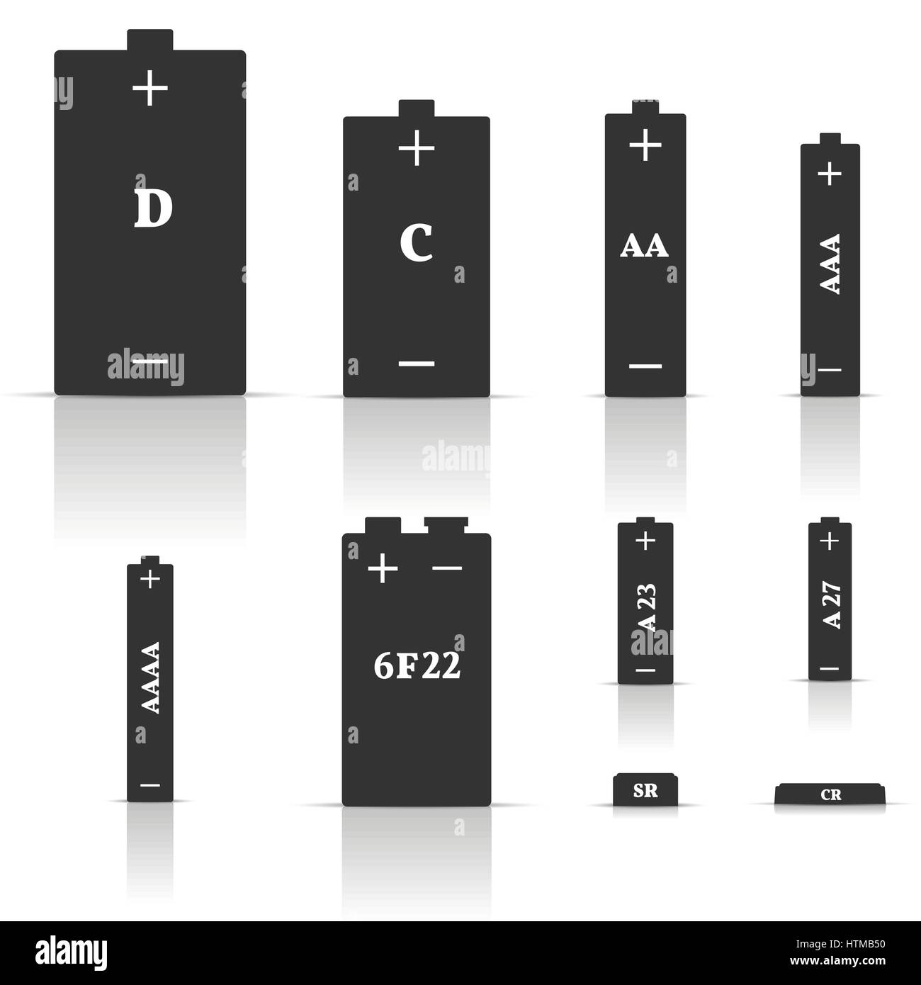 Set of different types of batteries gray with a mirror reflection ...