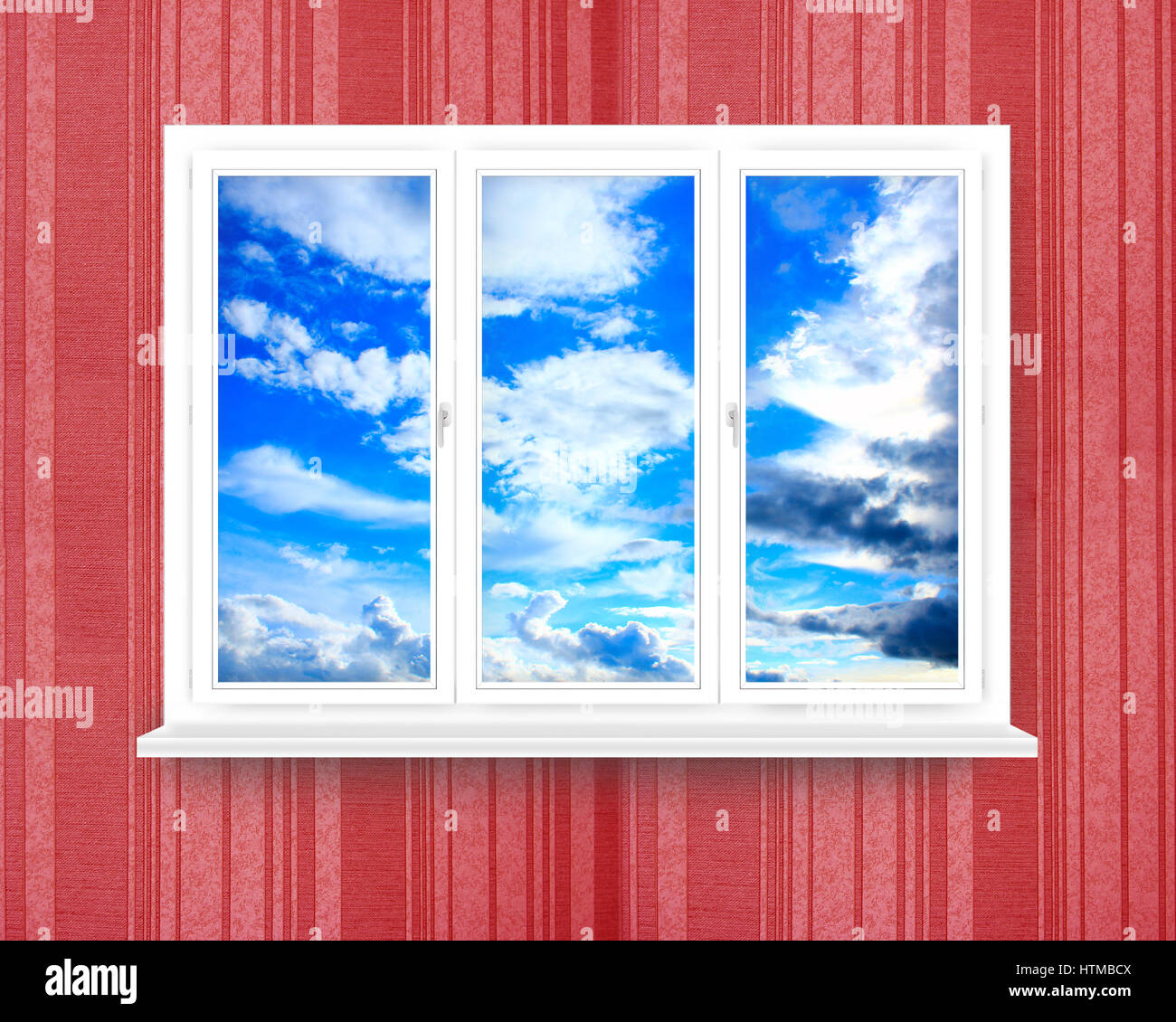 window in the room with view of blue sky. Modern window frame in the ...