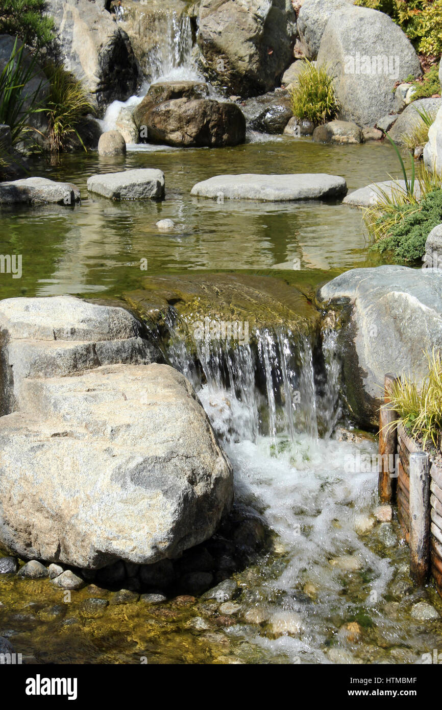 Beautiful stream with small rocky waterfalls in a garden setting Stock ...