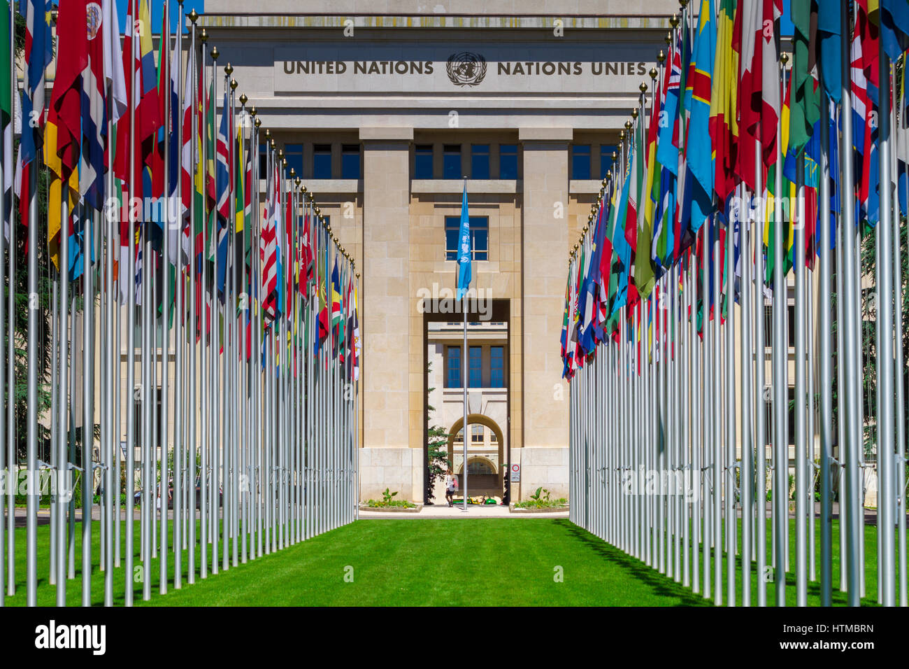 National flags at the entrance in UN office at Geneva, Switzerland ...