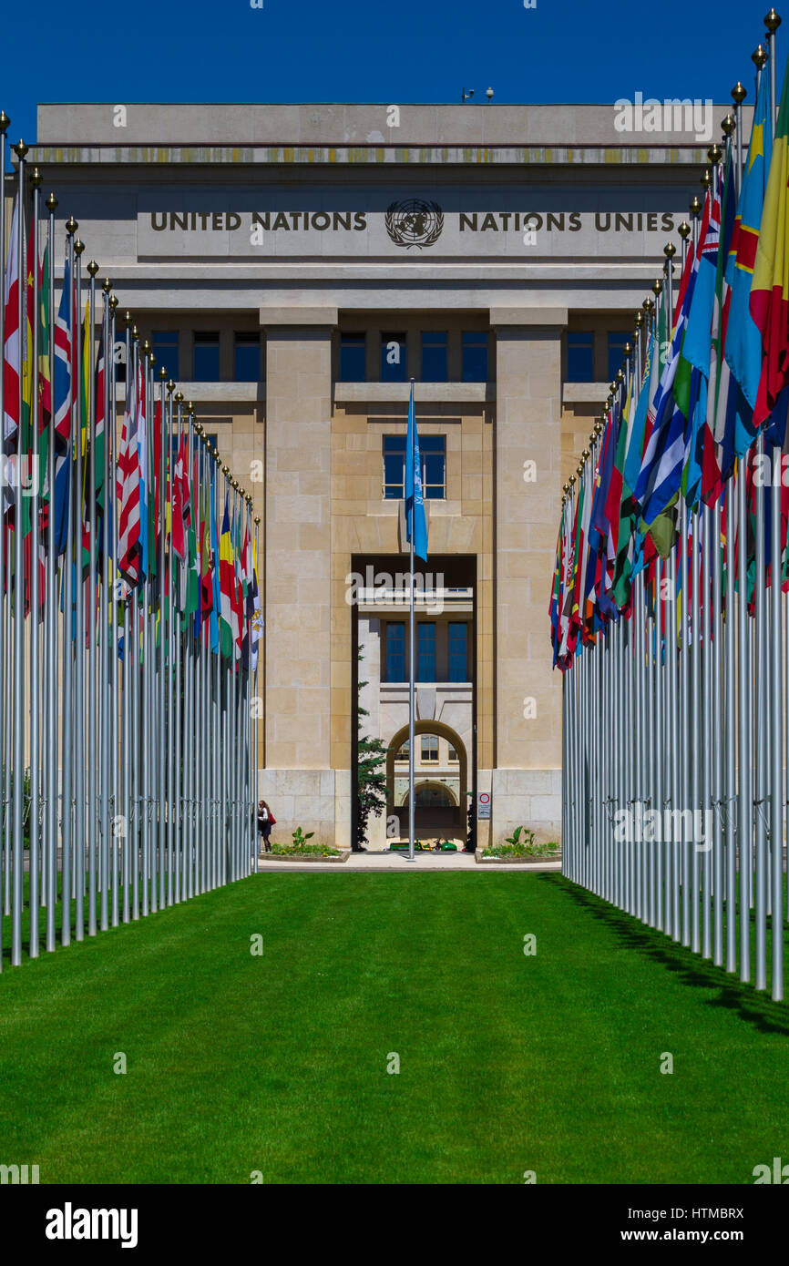 National flags at the entrance in UN office at Geneva, Switzerland ...