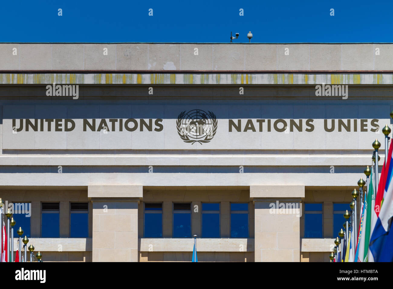 National flags at the entrance in UN office at Geneva, Switzerland ...