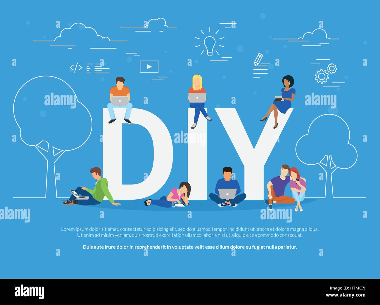 DIY concept illustration of young people using devices for watching tutorials and life hacks ...