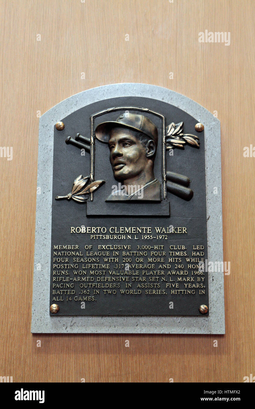 Memorial plaque for right fielder Roberto Clemente in the Hall of Fame ...
