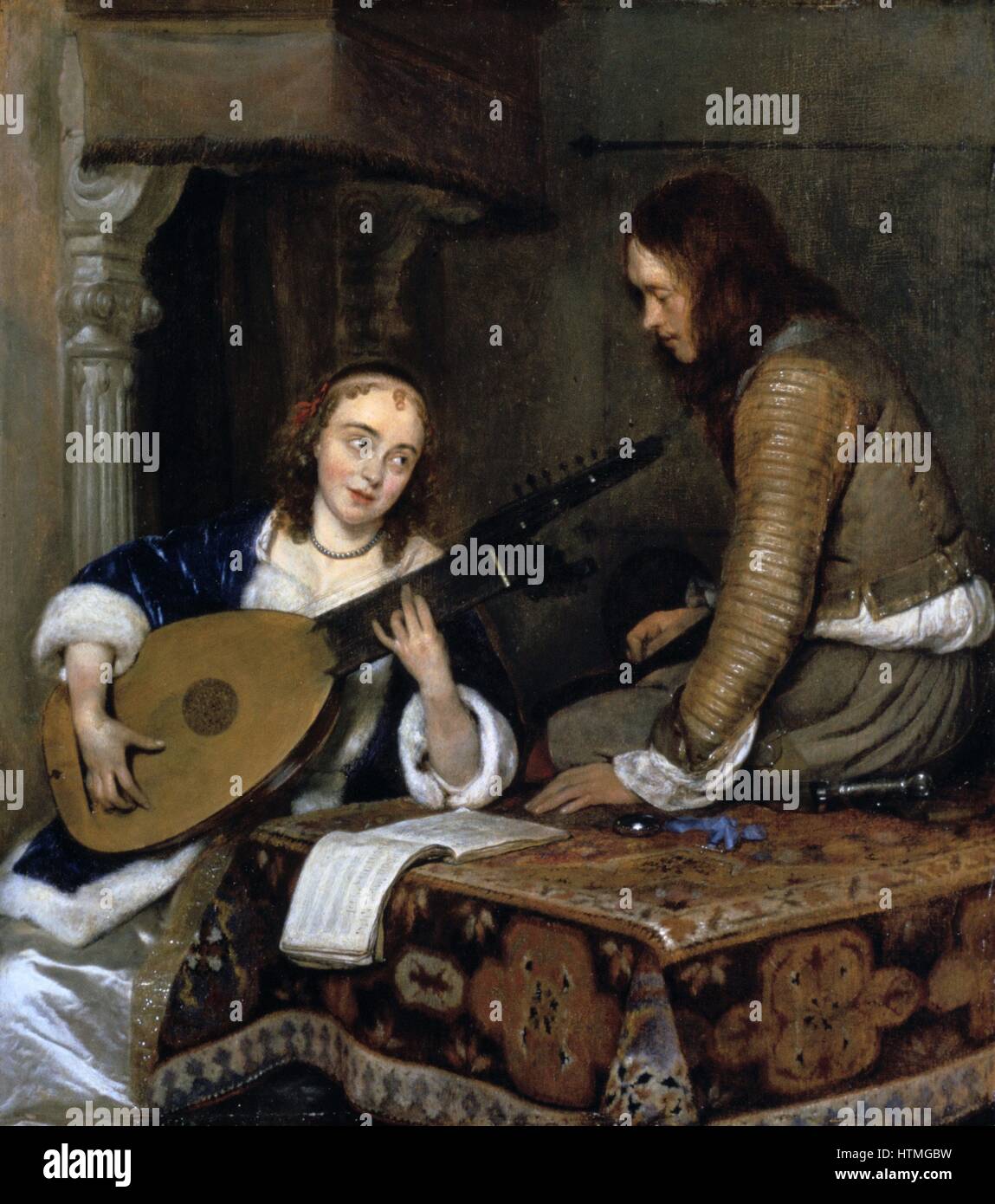 Young woman playing a lute: Dutch interior. Girl in white satin dress ...