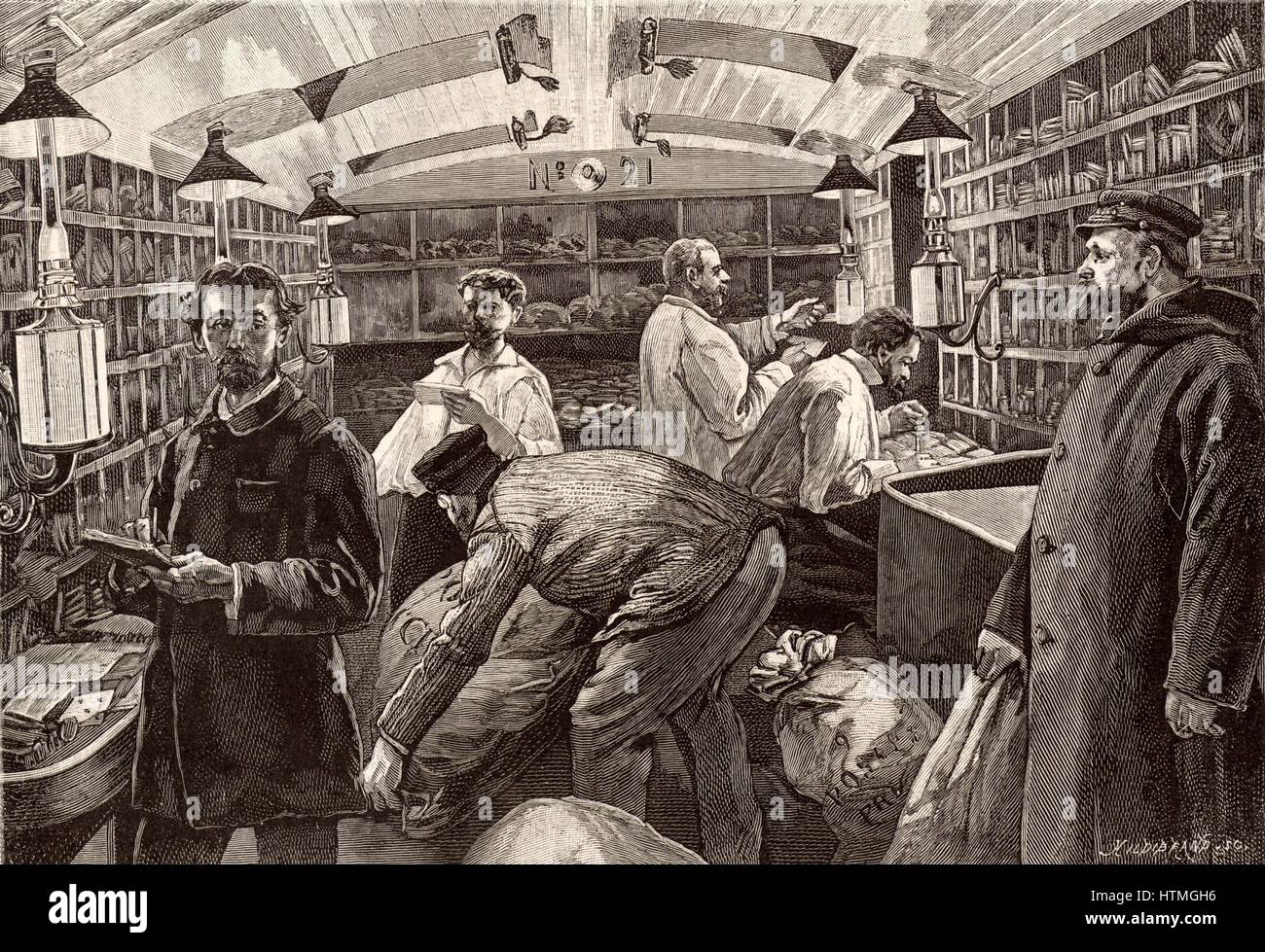 French postal service. Sorting letters on the Paris-Marseilles express ...